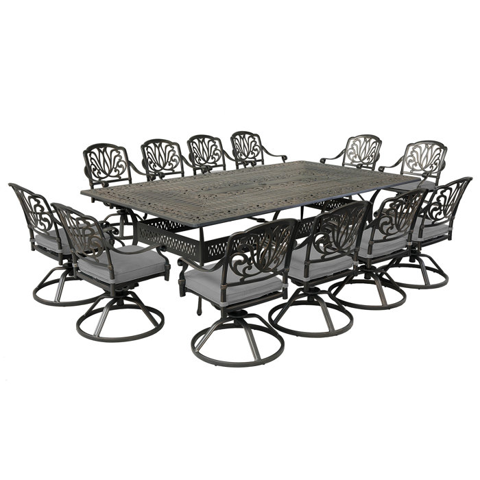 GatherCraft 13-Piece Cast Aluminum Rectangle Dining Set With 12 Cushioned Swivel Chairs ...